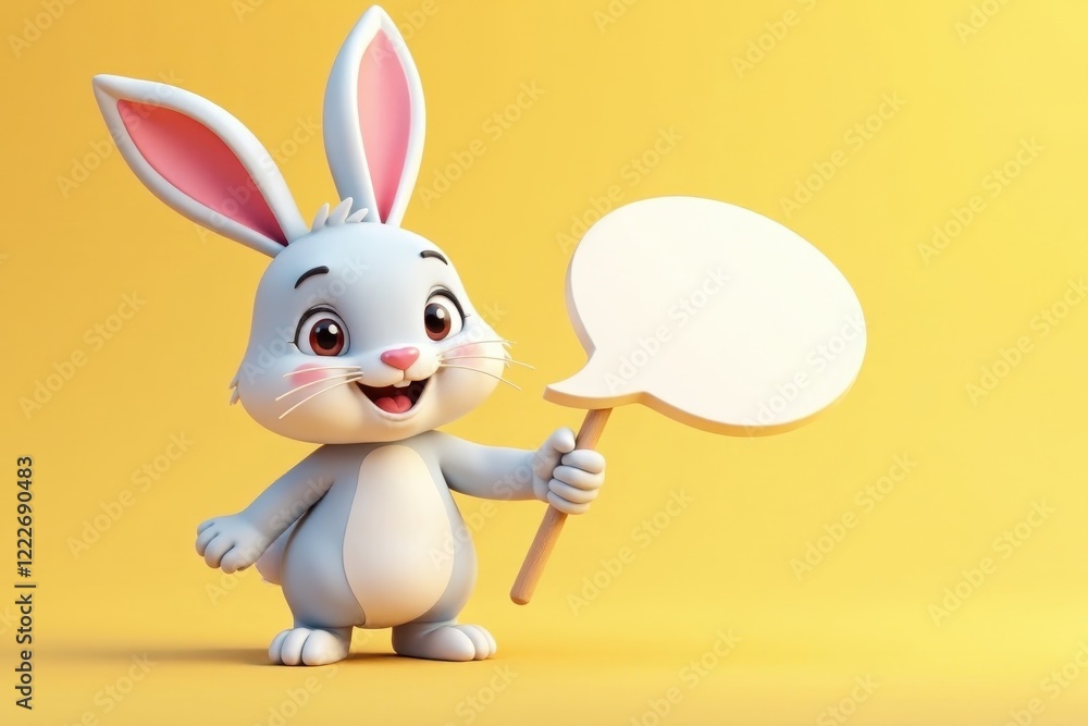 Cartoon rabbit holding a sign with a paw print and a speech bubble ...