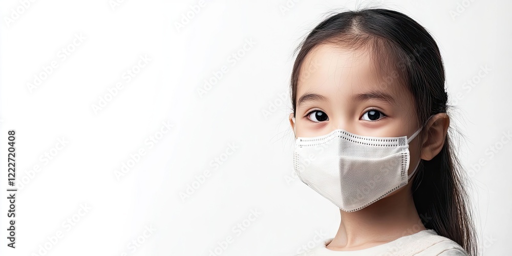 Asian girl wearing a white mask on the left side of a bright white ...