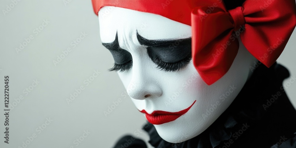 Crying mime with red bow, emphasizing sad expression, white face paint ...