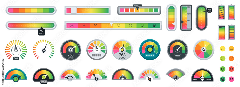 Speedometer scale set. Meter level score measure vector set Stock ...