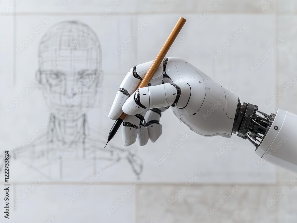 Robotic hand sketching a masterpiece, symbol of genius and creative ...