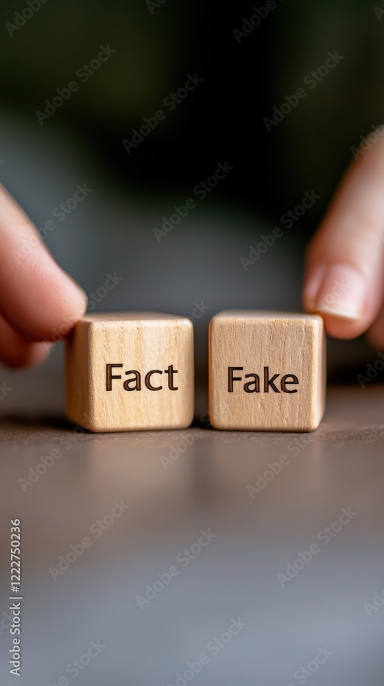 Two wooden blocks labeled "Fact" and "Fake," illustrating the concept ...