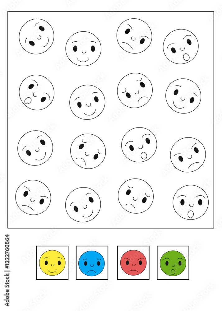 Coloring expression worksheet for kids, identifying emotions activity ...