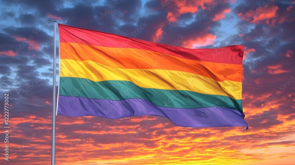 Rainbow Pride Flag Waving Vibrant Sunset Sky Colorful LGBTQIA Flag ...