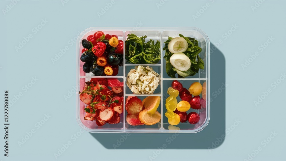 Transparent plastic food container divided into six compartments filled ...