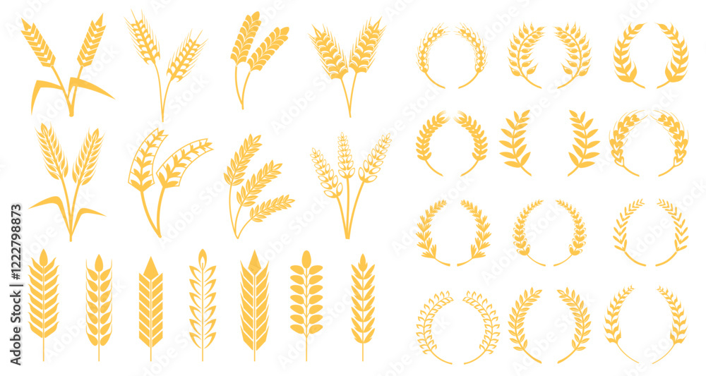 Wheat grains wreath. Barley ears, rye spike rice stalk or laurel ...