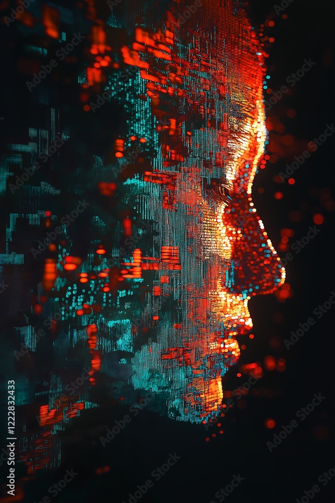 Digital art, abstract profile, fragmented pixels, glitch effect, cyberpunk aesthetics, red and ...