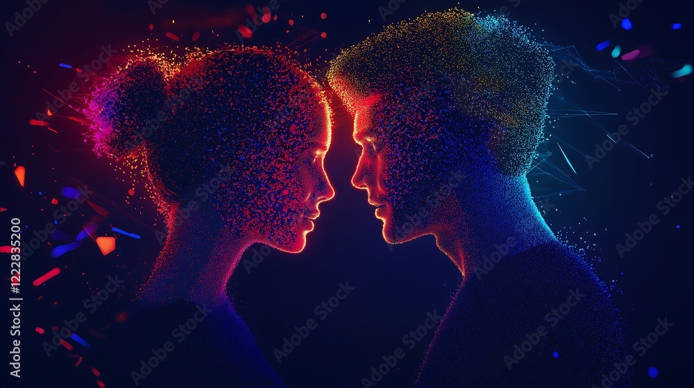 Digital art, particle silhouettes, two faces in profile, neon colors ...