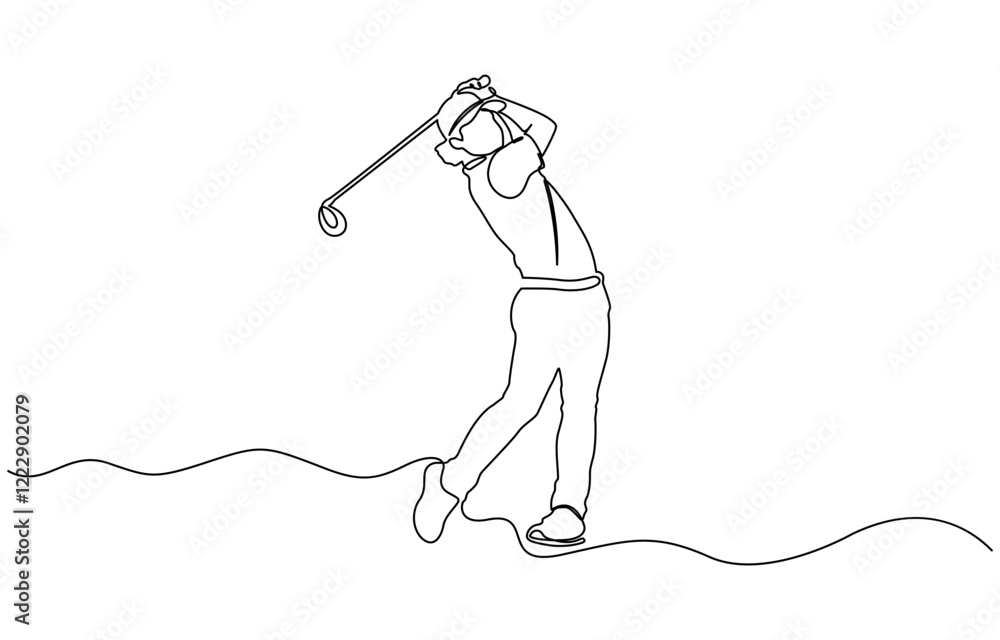 Continuous line drawing of young man playing golf, A single line ...