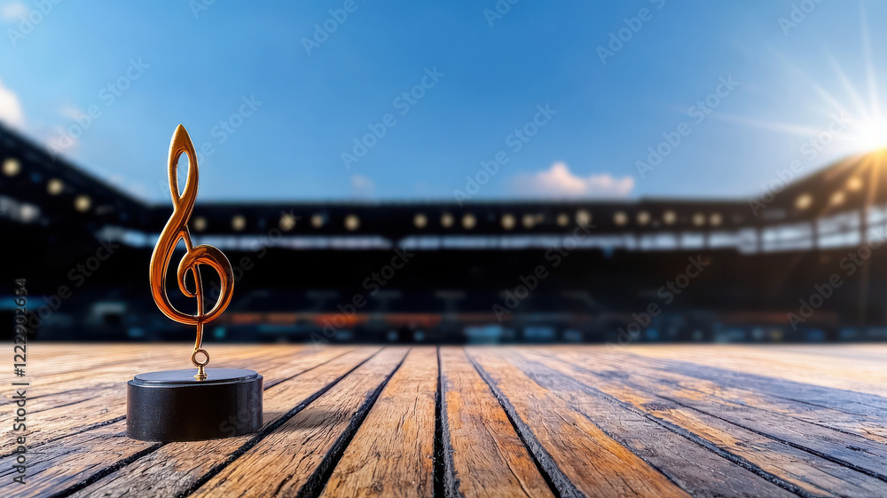 golden treble clef trophy stands wooden surface, illuminated by ...