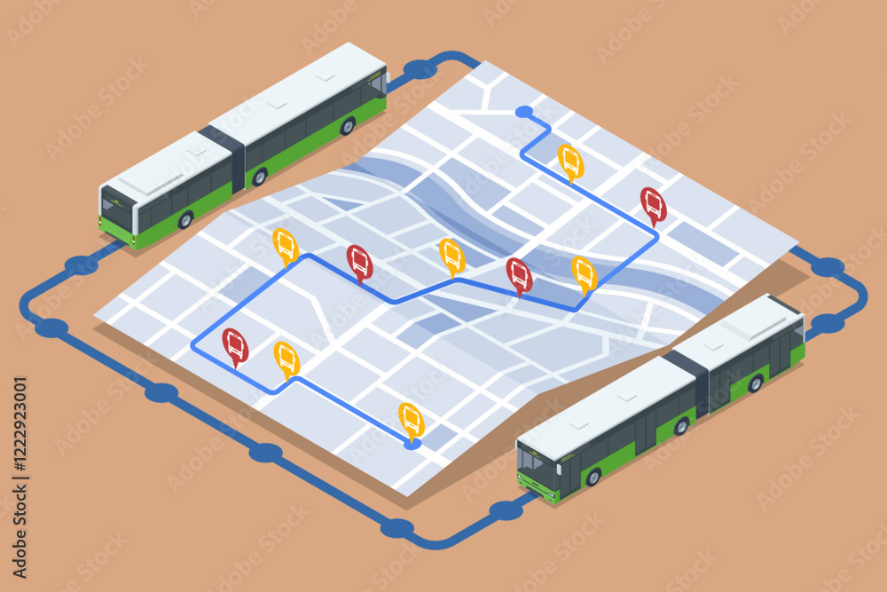 An isometric view of interconnected bus routes over a city map ...