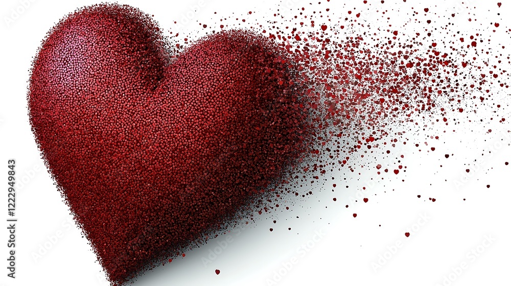 Heart shape, disintegrating, red, particle dispersion, white background ...