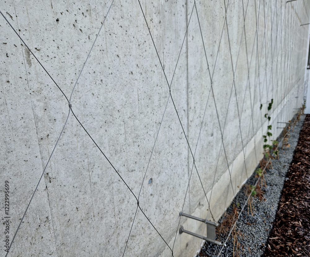 front of the facade with balconies is tensioned cable network covering ...