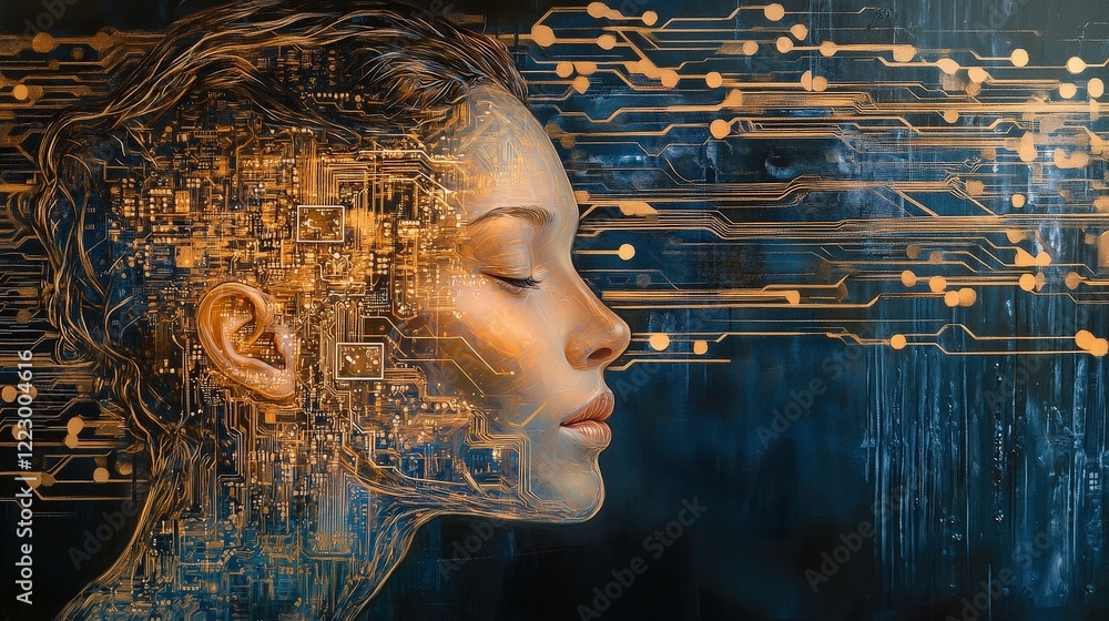 Woman with digital circuit patterns blended into her profile ...