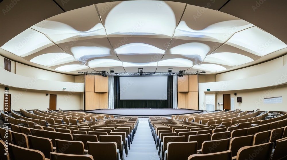 Spacious modern conference hall with tiered seating and a large screen ...