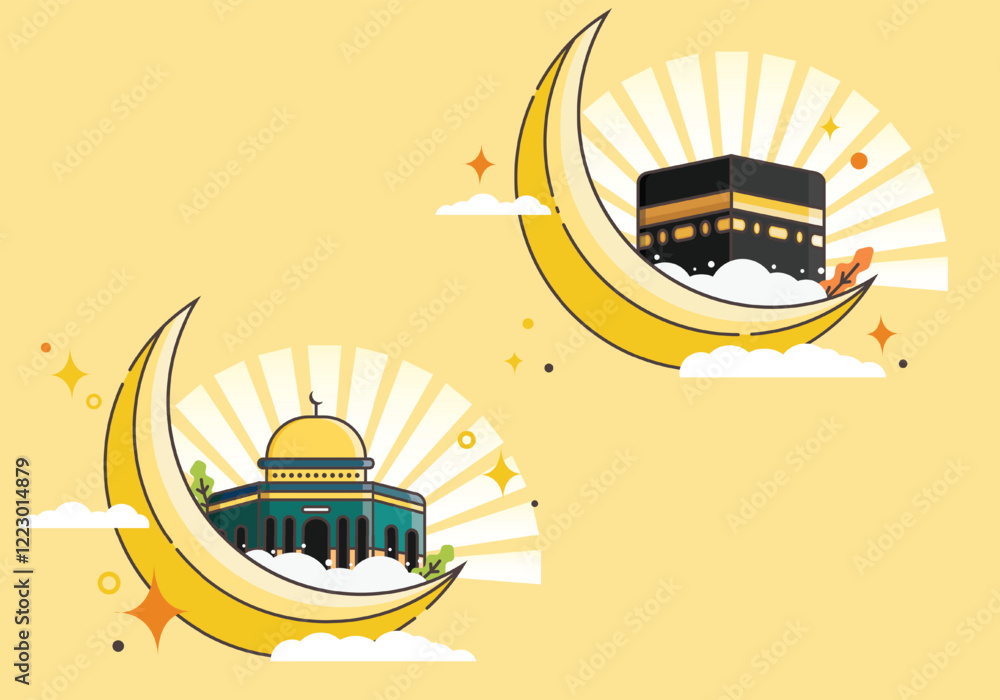 set of kaaba and al aqsa mosque icons with crescent moon concept ...