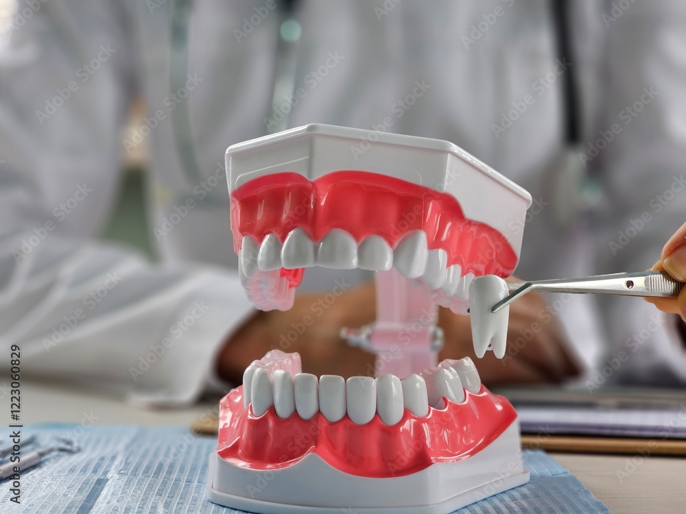 Dentist pulling tooth with forceps out of jaw model. Dental surgeon ...