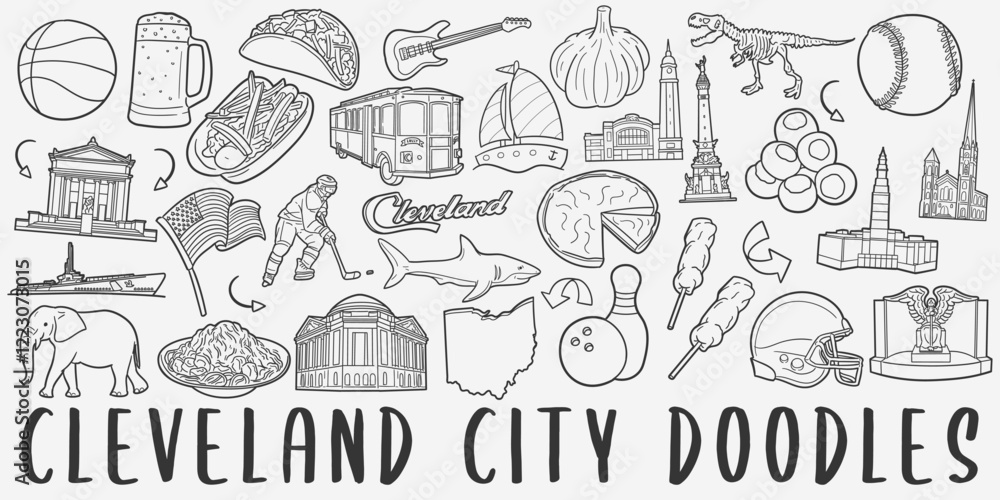 Cleveland, OH, USA Doodle Icons. Hand Drawn Made Line Art. City Ohio ...