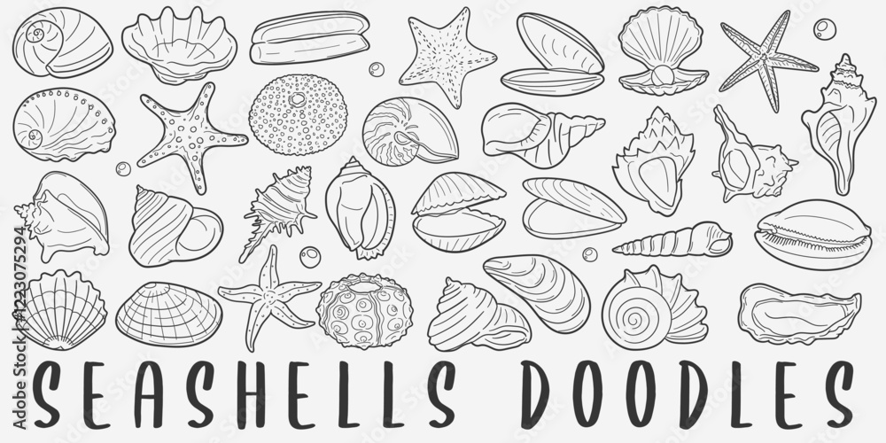 Seashell Doodle Icons. Hand Made Line Art. Beach Animal Shell Clipart ...