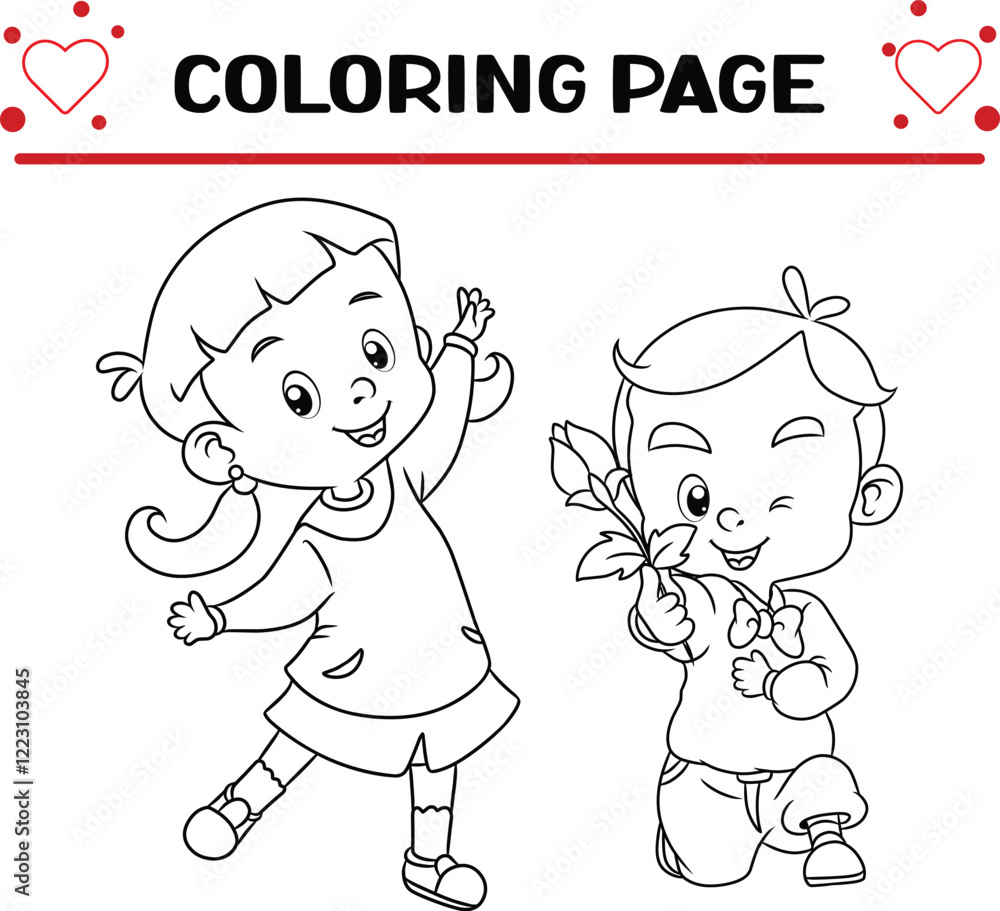 boy is giving flowers girlfriend valentine coloring page for kids Stock ...