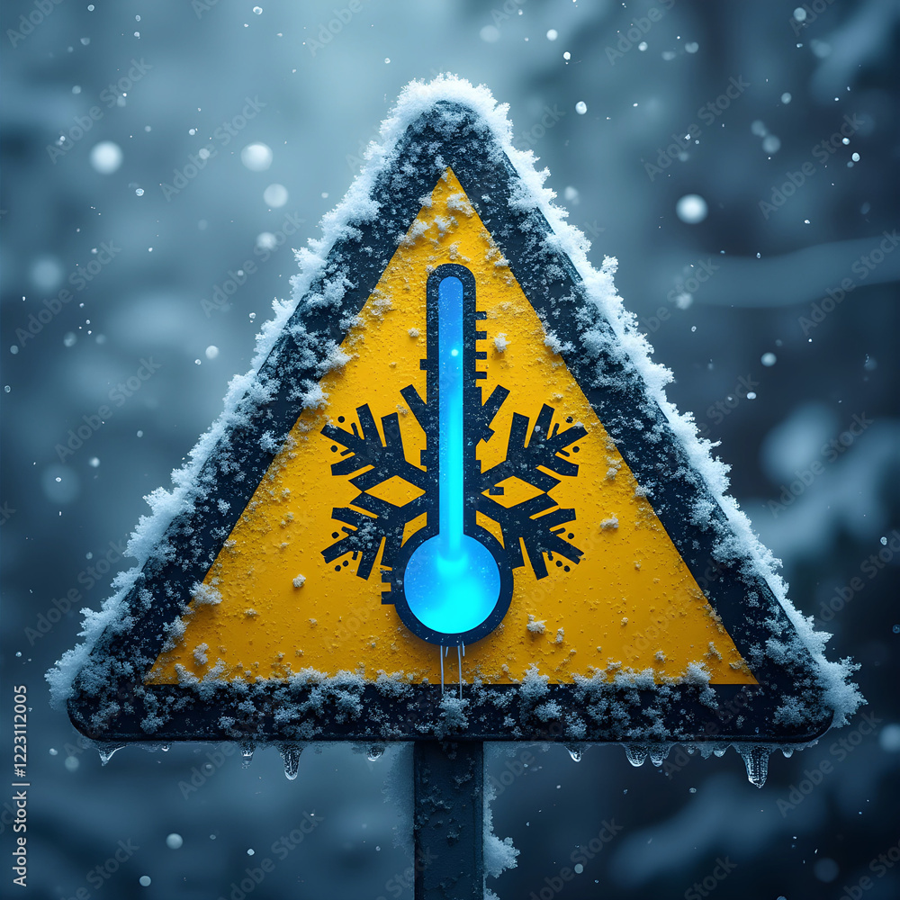 Low temperature warning sign. Vector illustration of yellow triangle ...