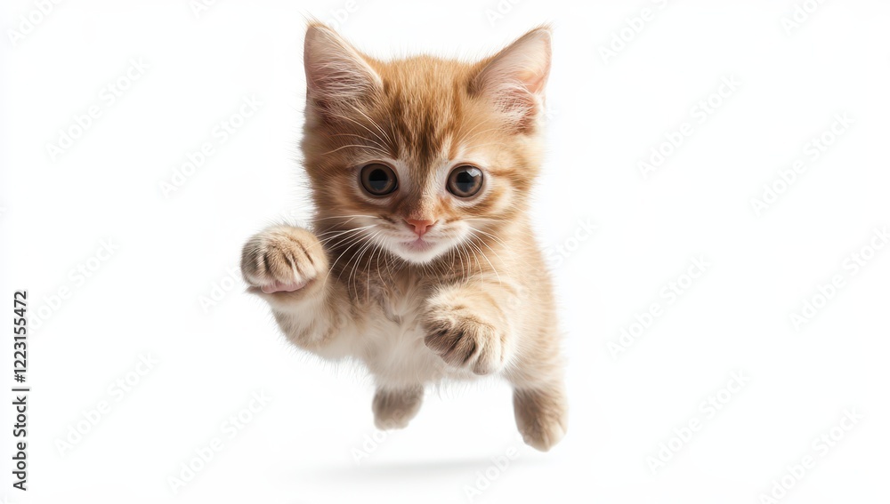 Cute kitten jumping in the air, white background, isolated on white ...