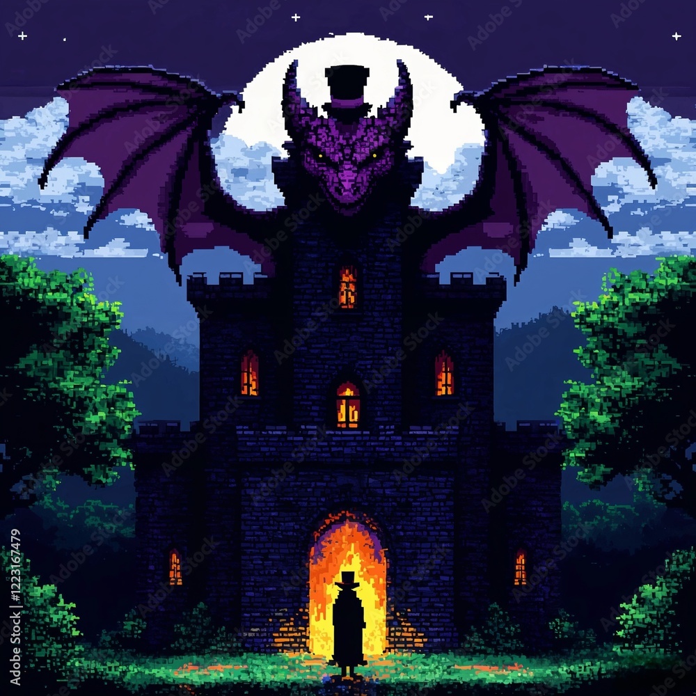 pixel dark mystical castle with a prominent central tower against the ...