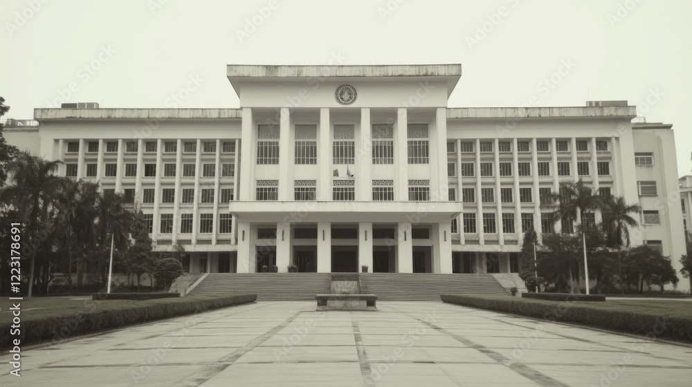 Sepia-toned photo of a grand, classical-style building with symmetrical ...
