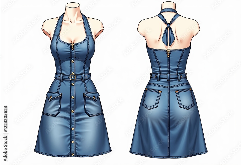 Ilustración de Stock Halter Neck Denim Mini Dress, Technical Fashion ...