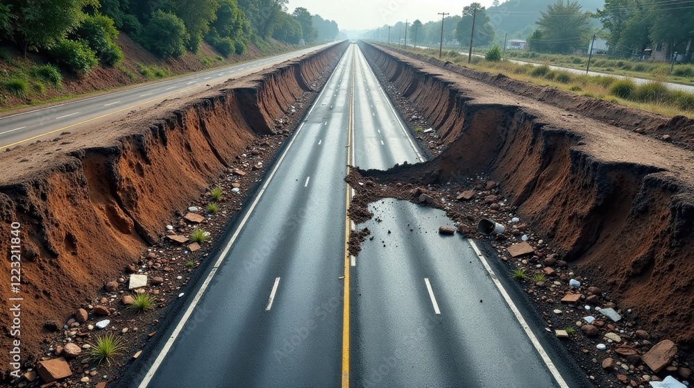 A Divided Highway Severely Damaged by Erosion Showing Extensive Soil ...