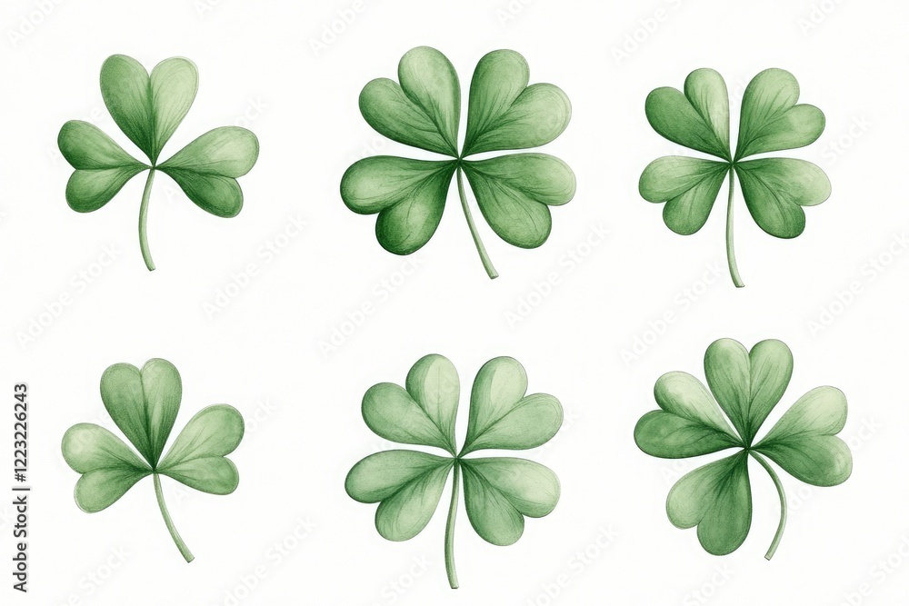 Collection of six detailed green clover leaves showcasing various ...