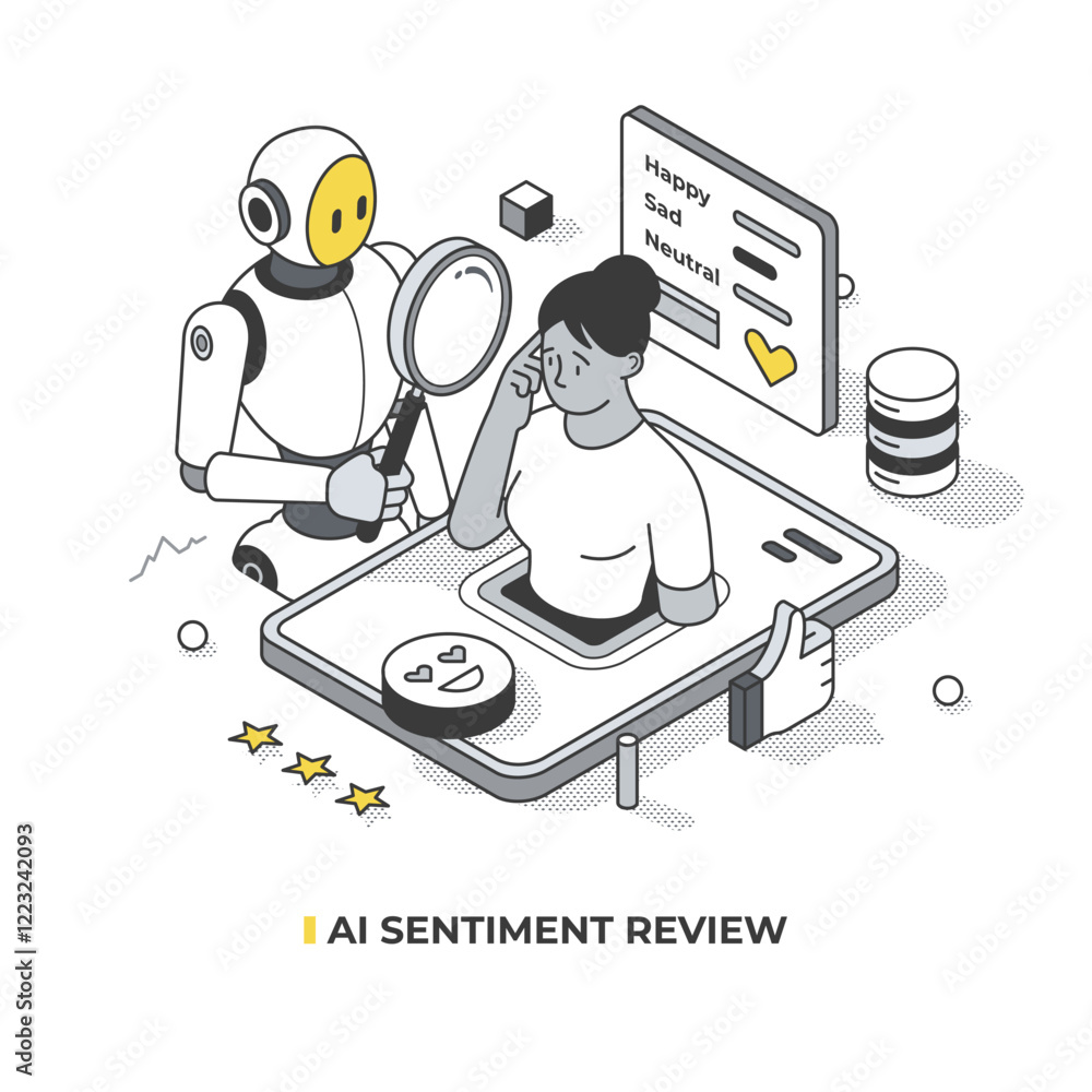 Isometric illustration of AI sentiment review, showing robot using ...