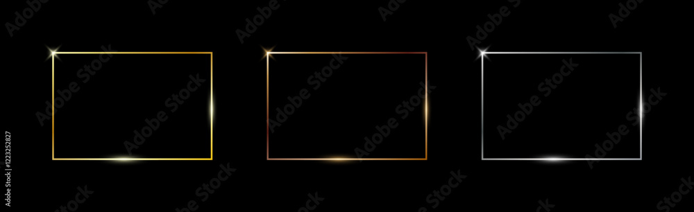 Gold, silver and bronze thin frames. Metal rectangle frame with glow ...