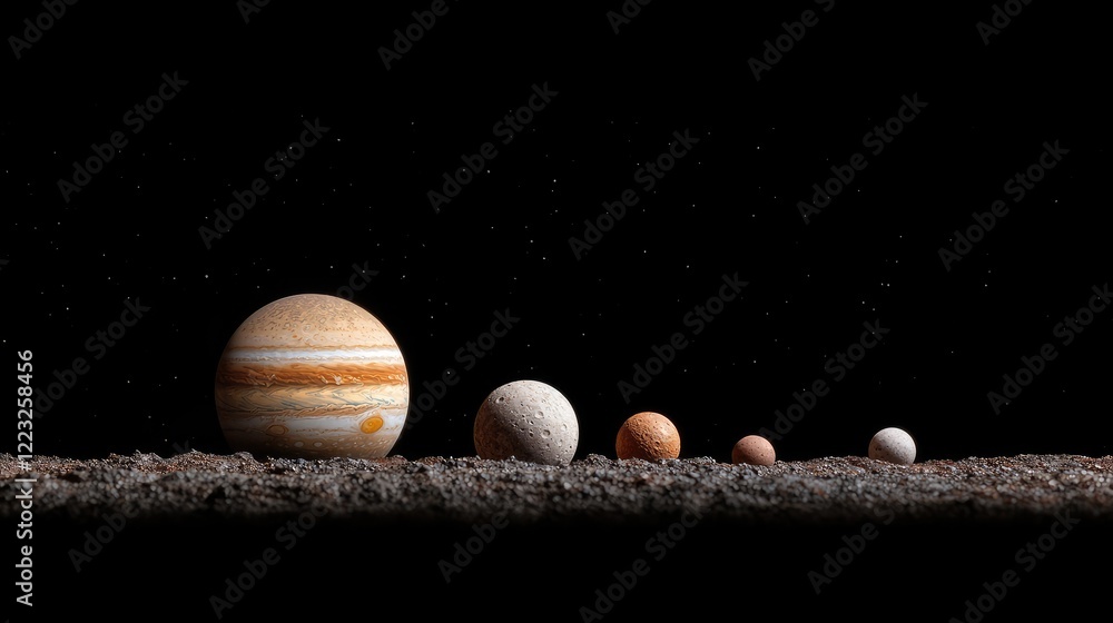 Jupiter and its moons in space, size comparison, dark background ...