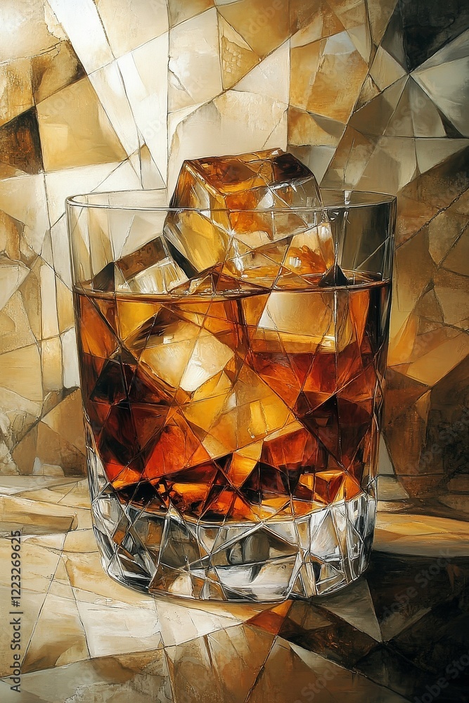 Cubist interpretation of whiskey on the rocks with refractive ice ...