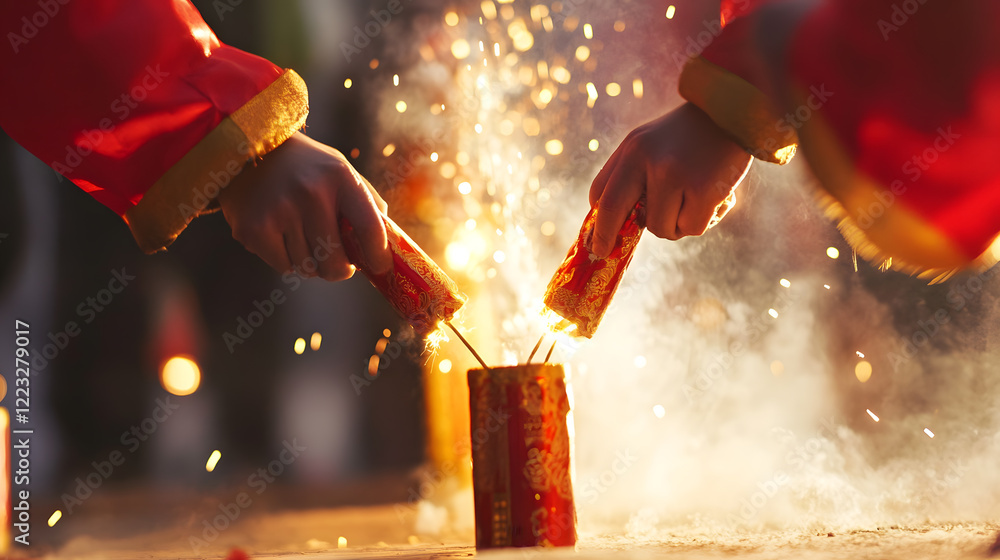 Hands lighting firecrackers during festive celebration, creating ...