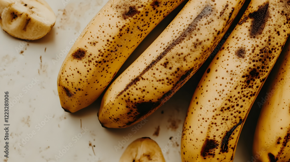 cluster of ripe bananas with brown spots on light surface, showcasing ...