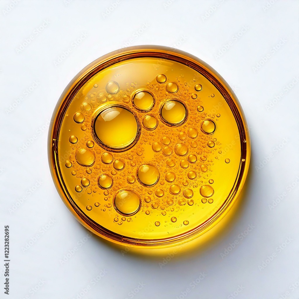 Round golden yellow oil drop with bubbles inside isolated on the white ...