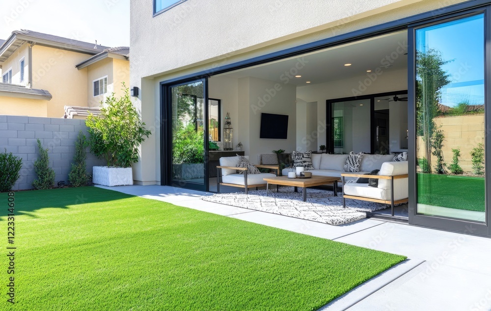 Beautiful patio of a modern farmhouse with outdoor seating, sliding ...