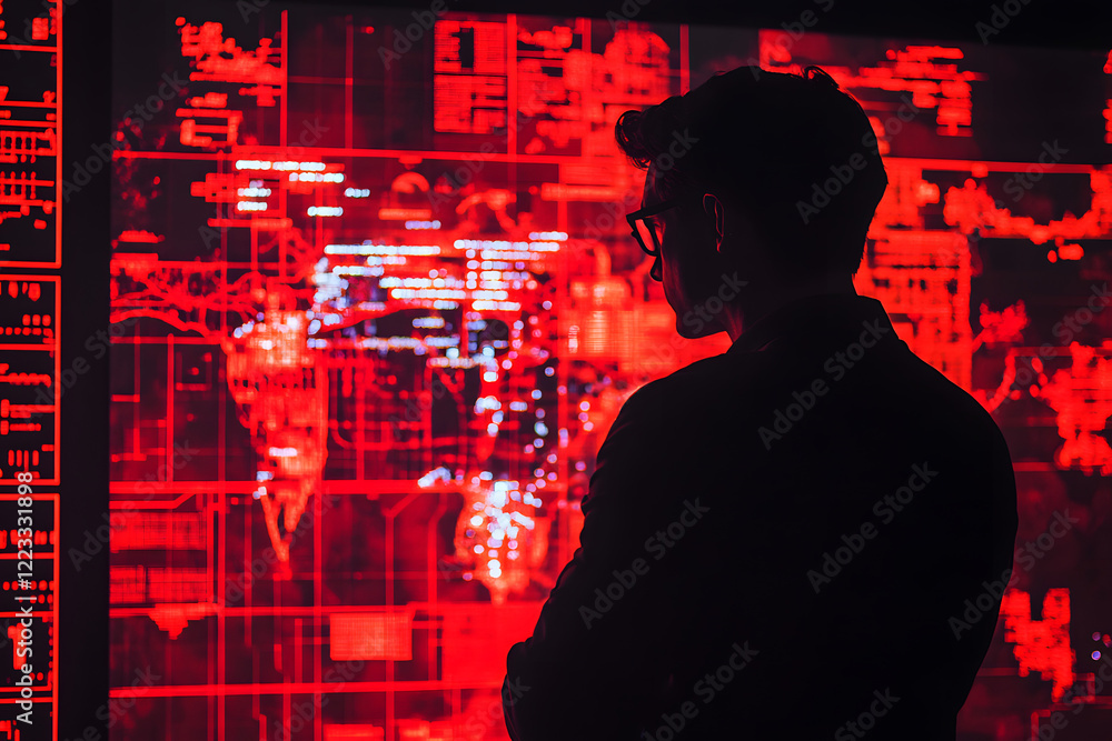 Cybersecurity Expert Analyzing Red Digital Map Interface Global