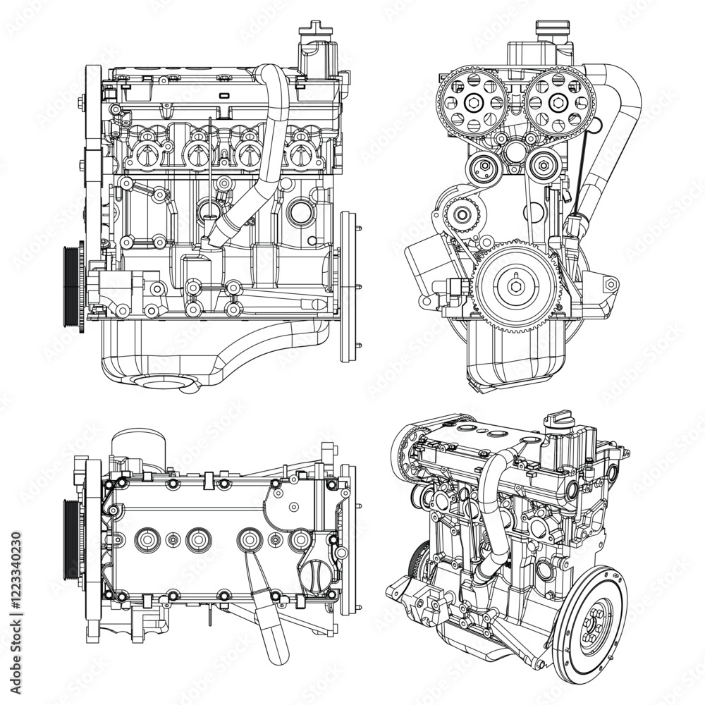 Engine Illustration Set. Car, Motorcycle, Electric Motor, and Rocket ...