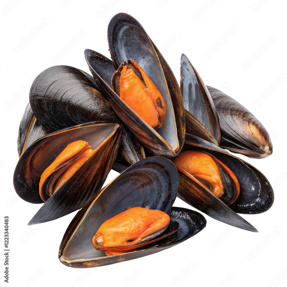 Pile of Fresh Mussels, Open and Closed Shells, Isolated on Transparent ...