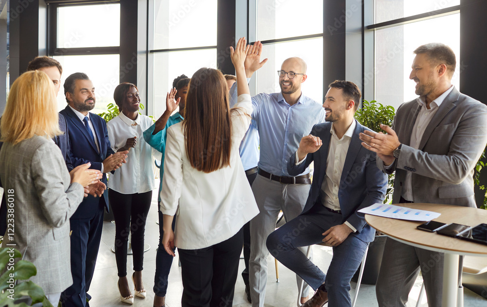 Friendly happy diverse employees congratulating with great business ...