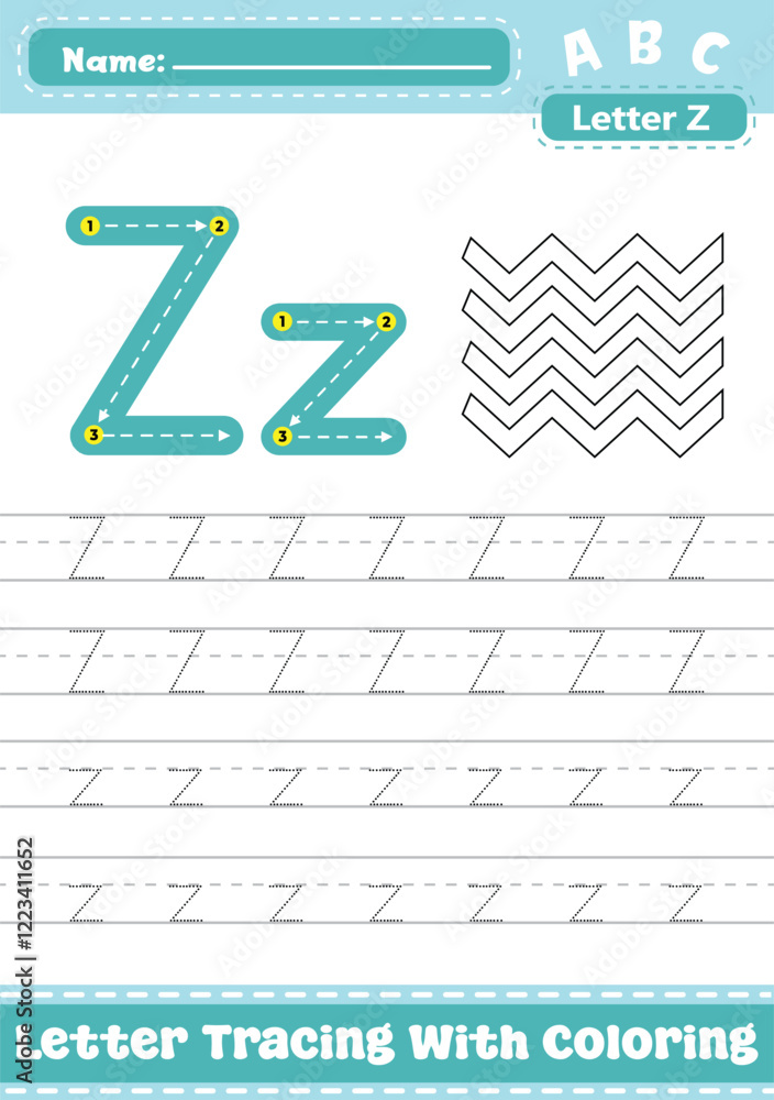 Vector de Stock Letter Z Uppercase Lowercase Tracing Worksheet with Coloring Apple Activity. A4 ...