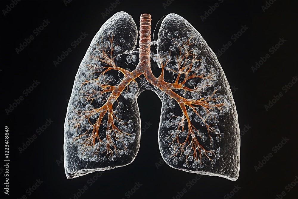 Detailed 3D rendering of human lung alveoli structure with translucent ...