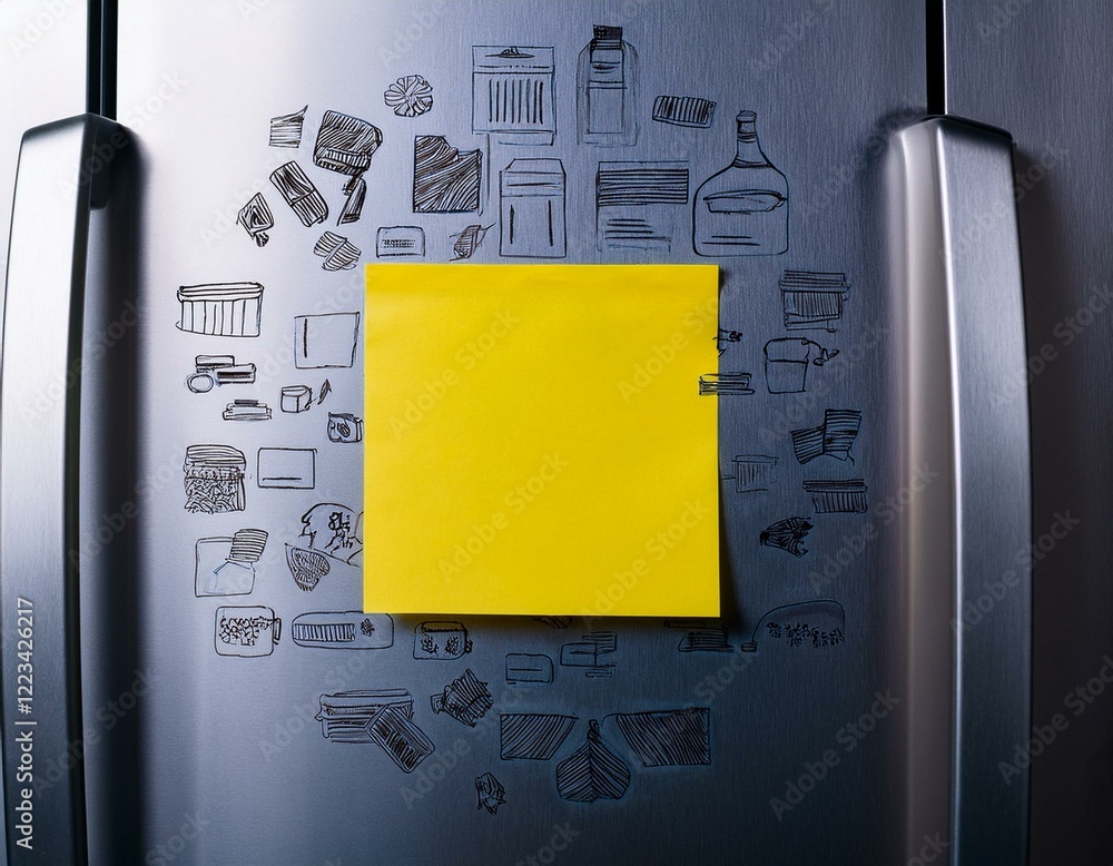 Un post it en la puerta del refrigerador con otros elementos a su ...