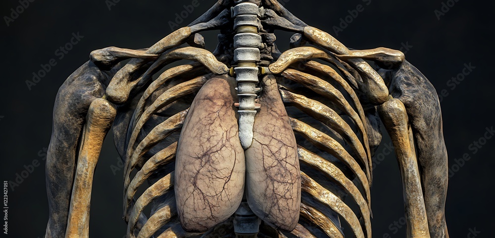 Detailed image of thoracic structures, highlighting ribs, lungs, and ...