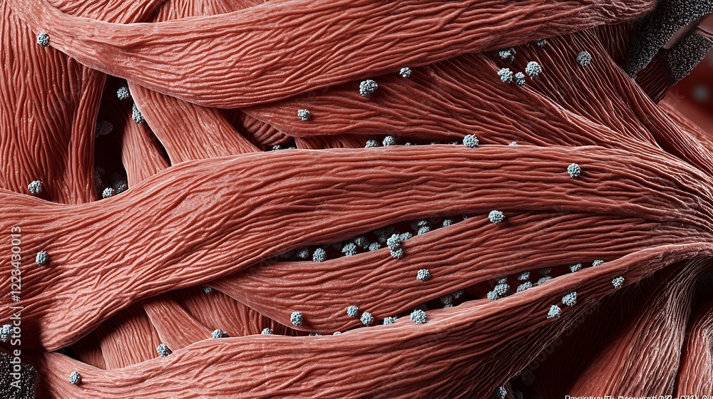 Detailed view of muscle tissue with striations and cell nuclei, a ...