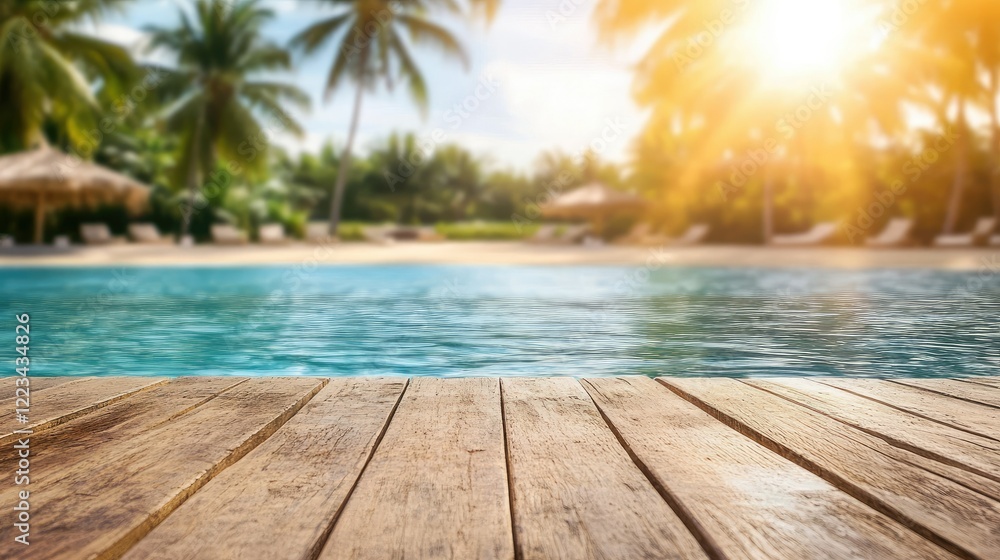 Beautiful poolside view with palm trees and sunset glow near tropical ...