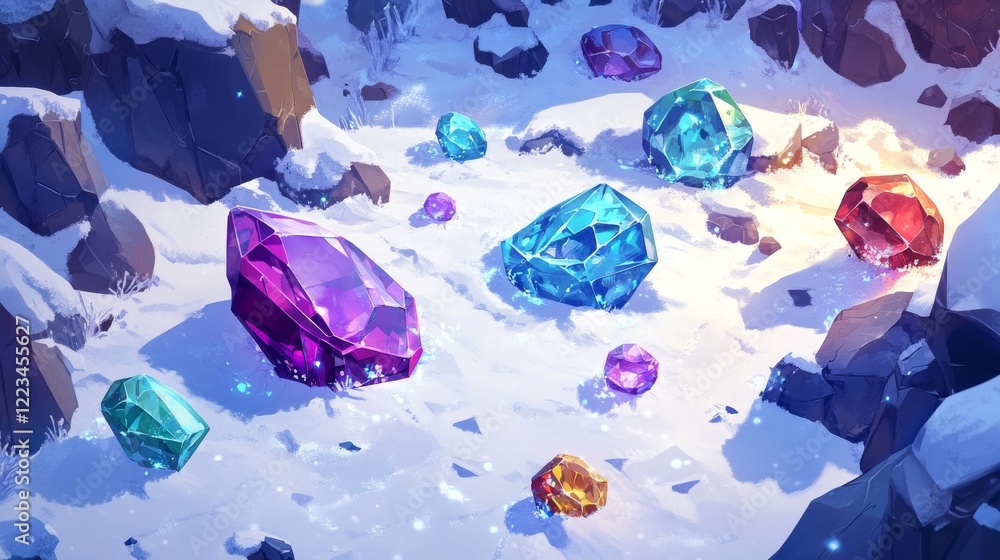 Clusters of gemstone crystals sticking out of ice covered ground ...